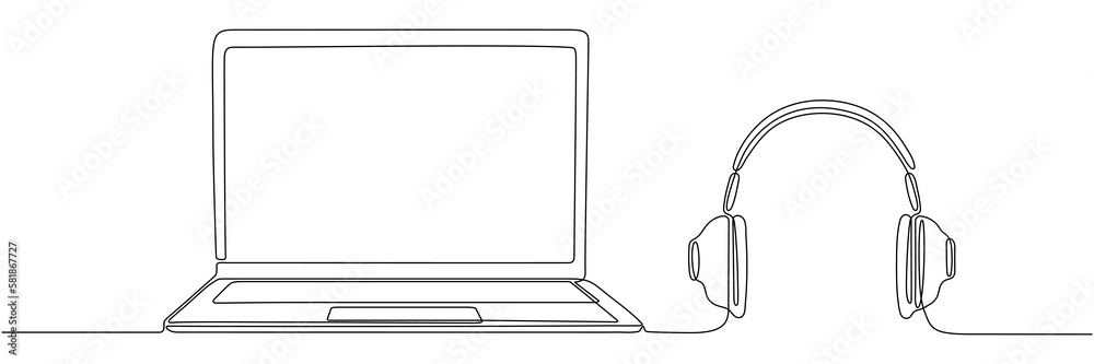 Laptop with headphones continuous line drawing. Open computer linear ...