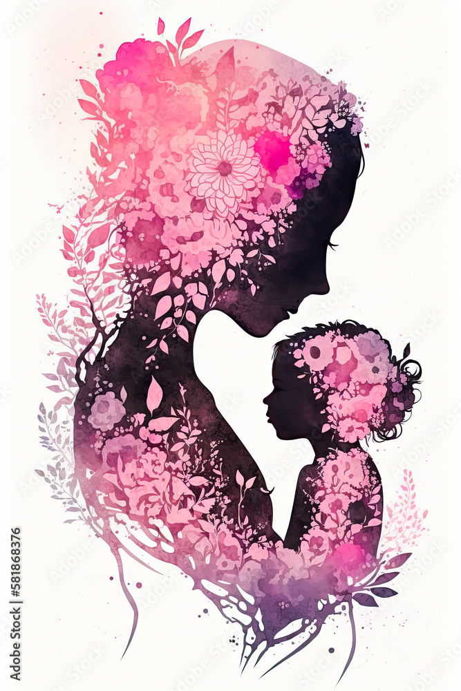 Watercolor painting with flowers of the silhouette of mother holding ...