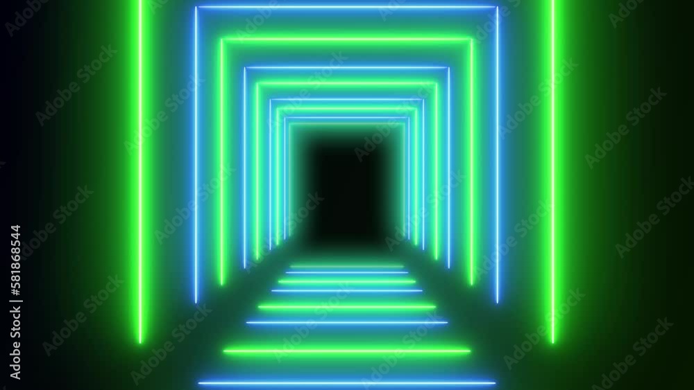 Squares neon blue green stripes in black hall room. Abstract sci fi ...