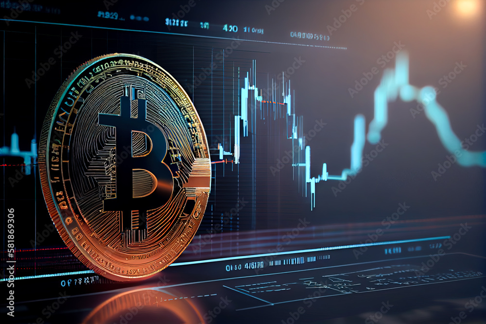 Business background with bitcoin icon and 3D finacial data diagrams ...