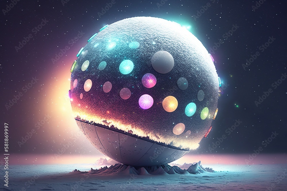 Huge snowball covered in colorful lights and slowly rotating on a dance ...