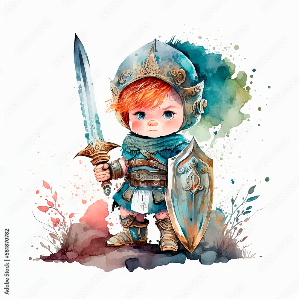Watercolor illustration for children of a cute boy knight ilustração do ...