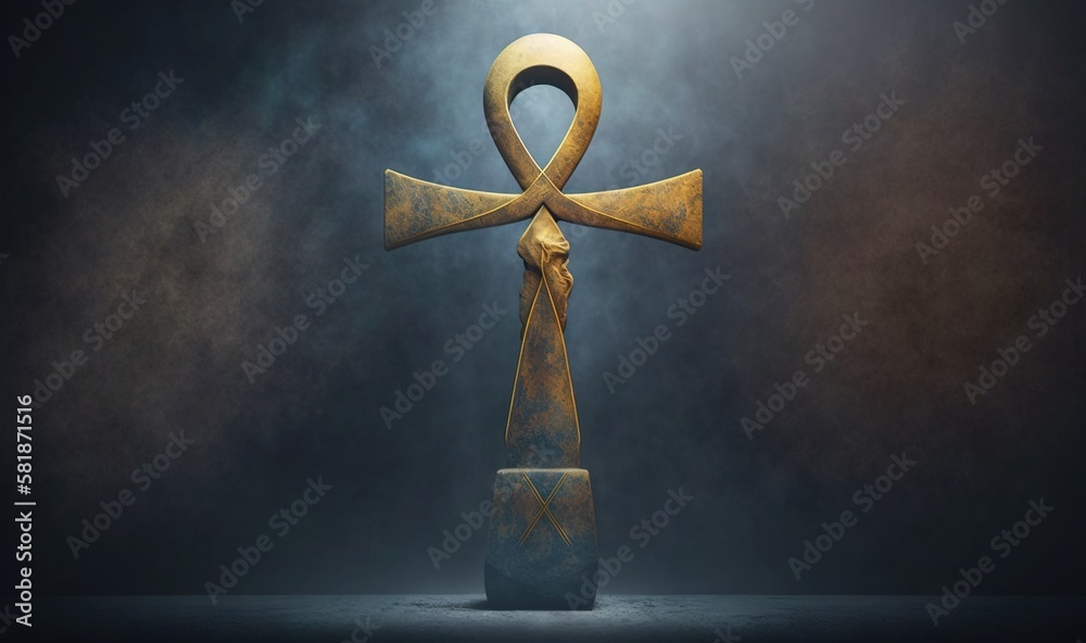 an ancient egyptian cross with an anubis symbol on a pedestal in a dark ...