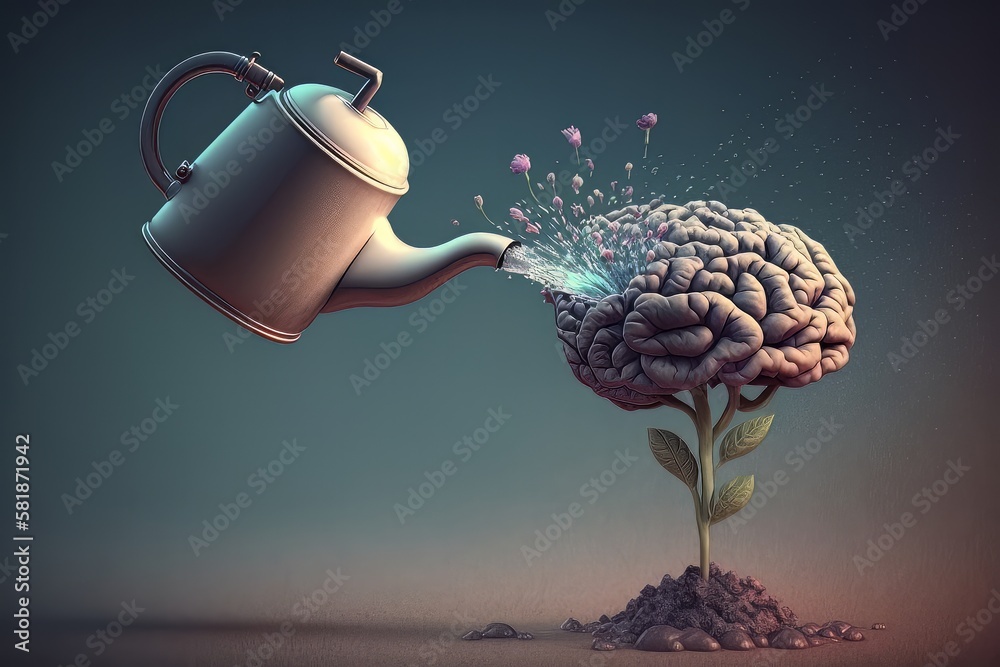 Human brain growing from a flower, watering can is pouring water on the mind. Generative ai ...