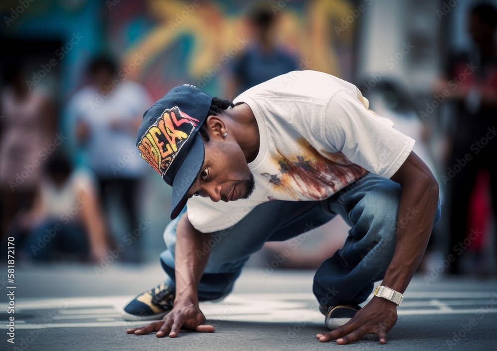 Black man breakdancing at the street while crowd watching. Generative ...
