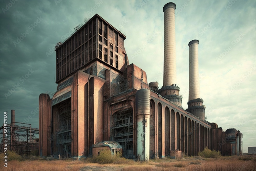 Old power plant with towering smokestacks a decaying turbine hall and ...