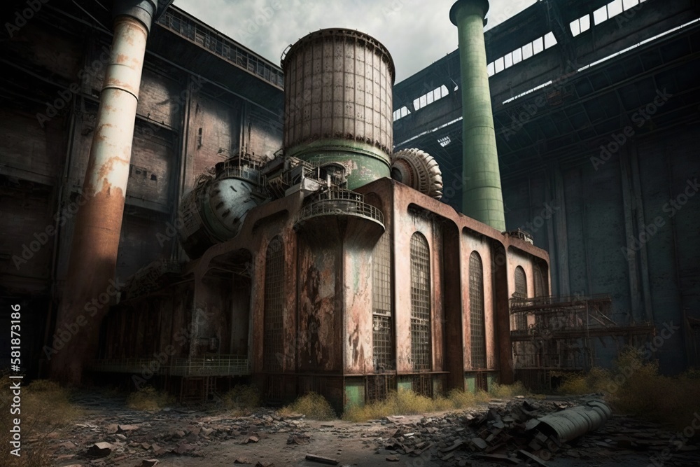 Old power plant with towering smokestacks a decaying turbine hall and ...