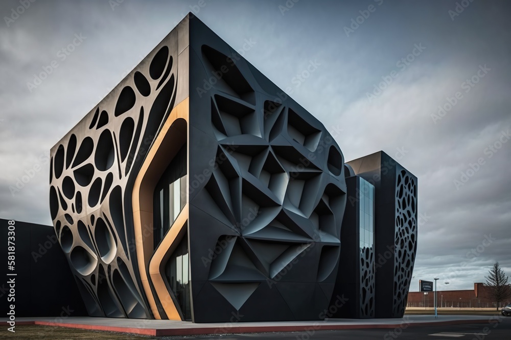 Public building with a striking sculptural facade that creates a bold ...