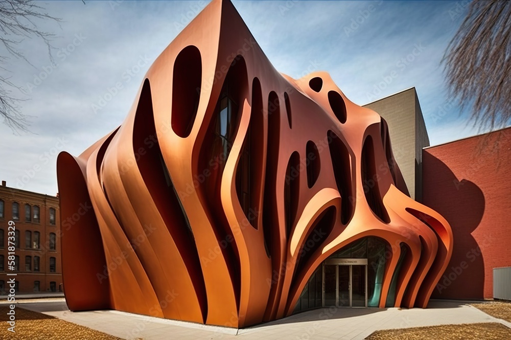 Public building with a striking sculptural facade that creates a bold ...
