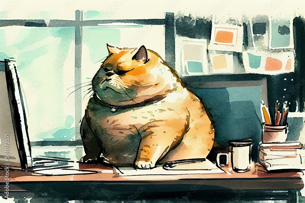 Watercolor Illustration of a A Fat Cat Is Sitting At The Office Table ...