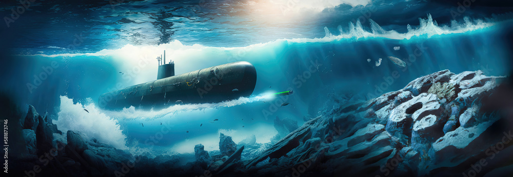 Generic military nuclear submarine floating in the middle of the ocean ...