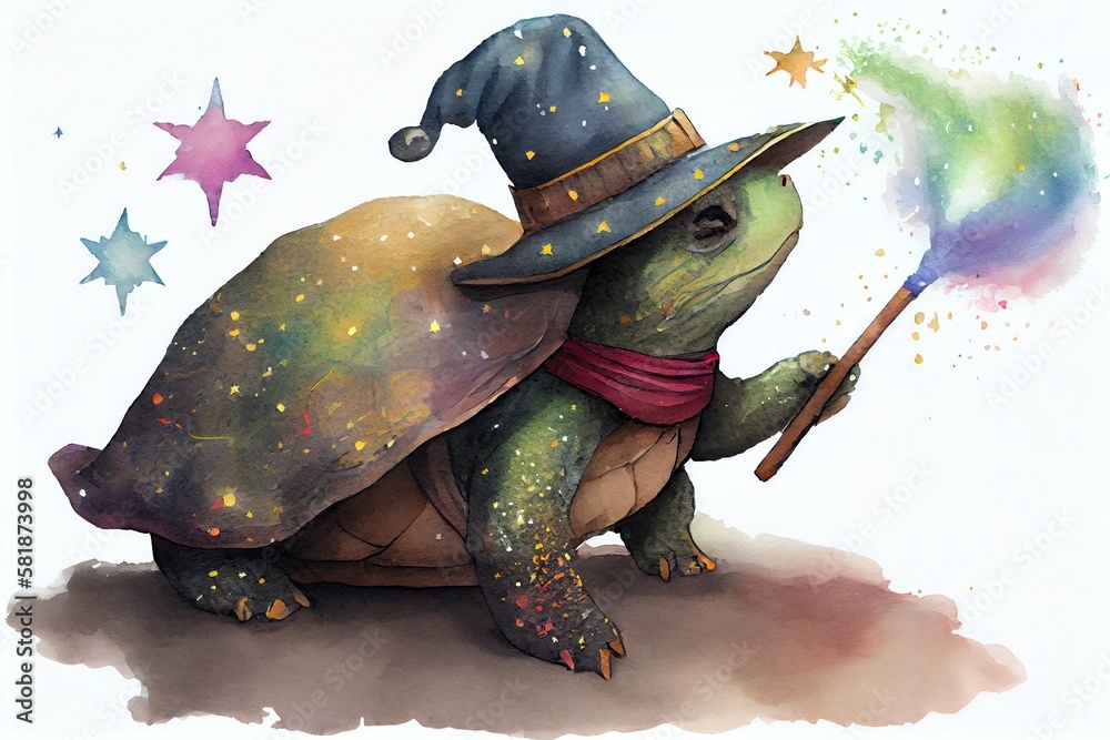 Watercolor Illustration of a Turtle Wearing A Wizard Hat And Casting A ...