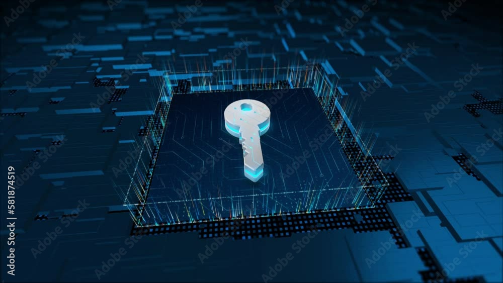 Motion graphic of 3D blue security Key logo and particles with circuit ...