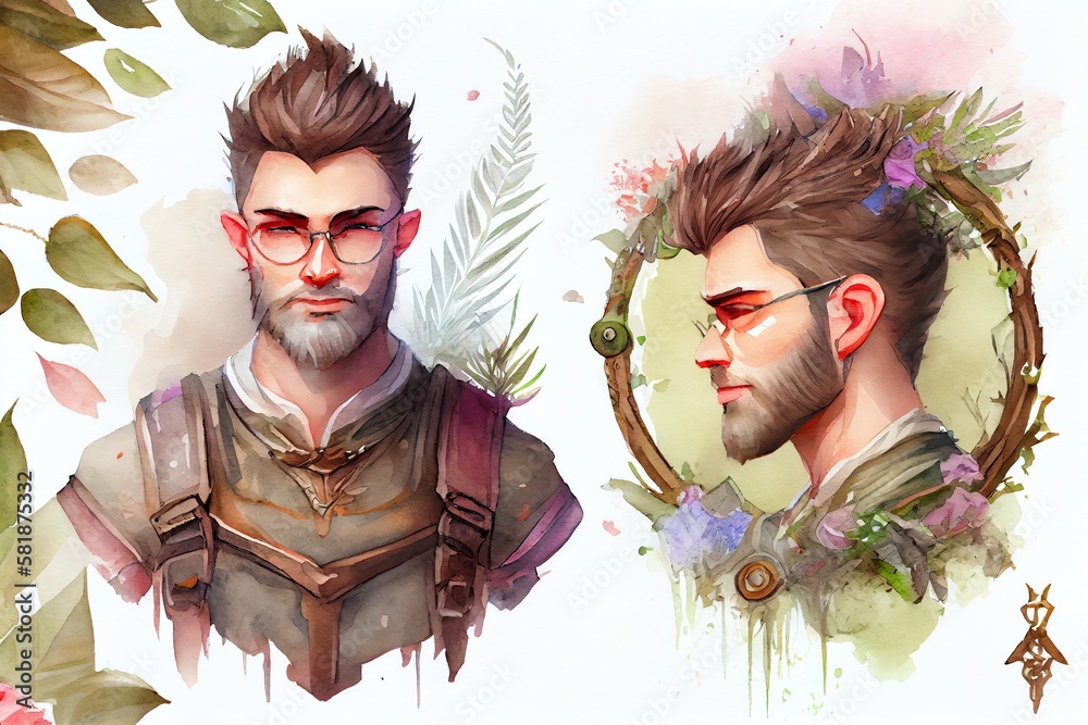 Watercolor Illustration of a Male Forester Character Portrait, Rpg ...