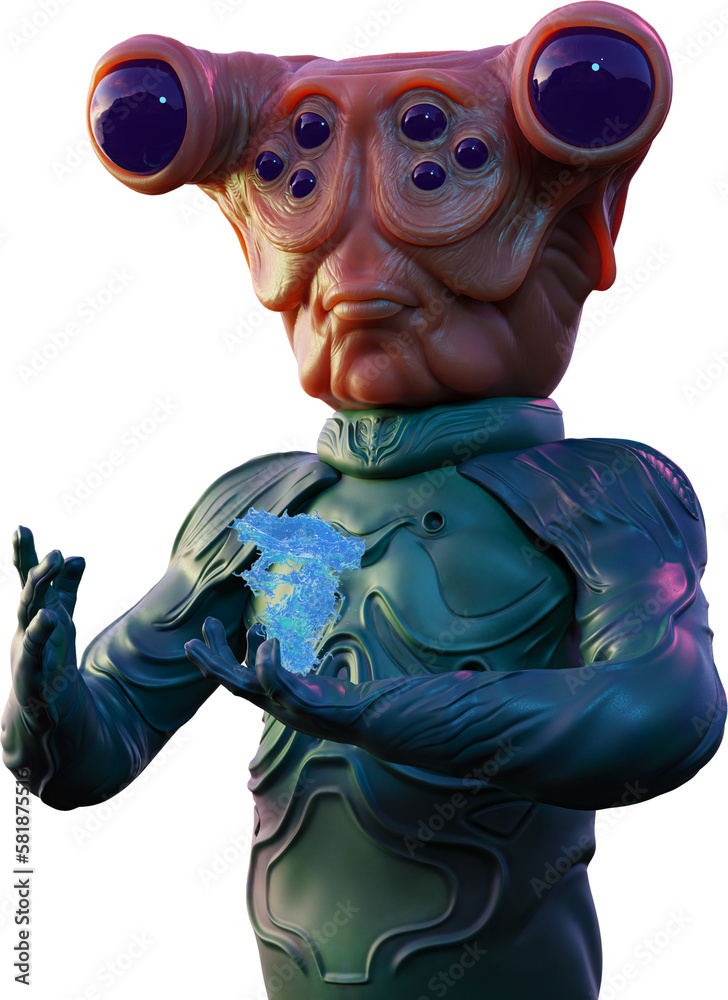 Alien in a space suit. Alien creature holds a vortex of water in his ...