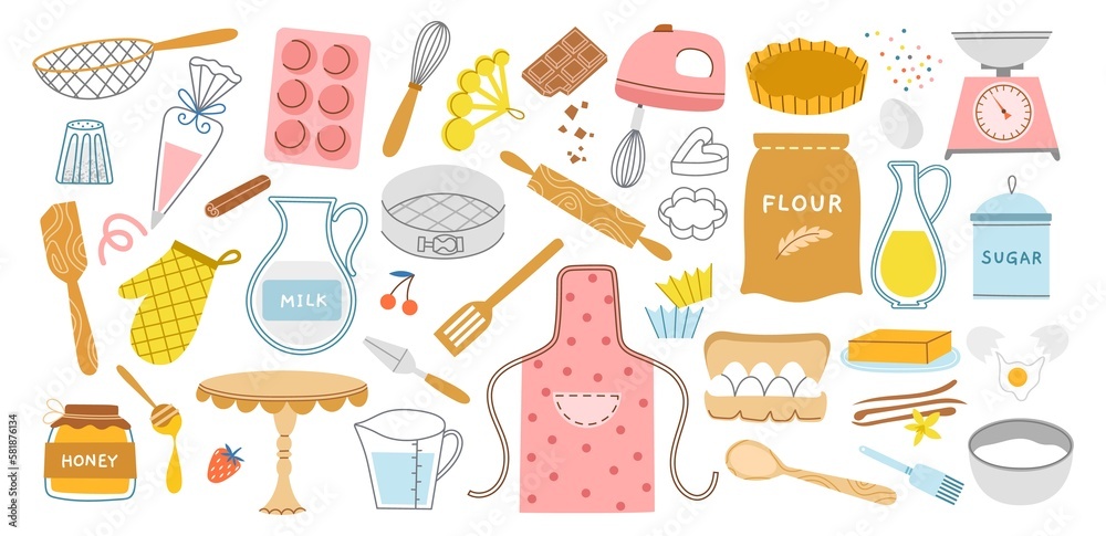Cartoon baking elements. Pastry ingredients, tableware and accessories ...