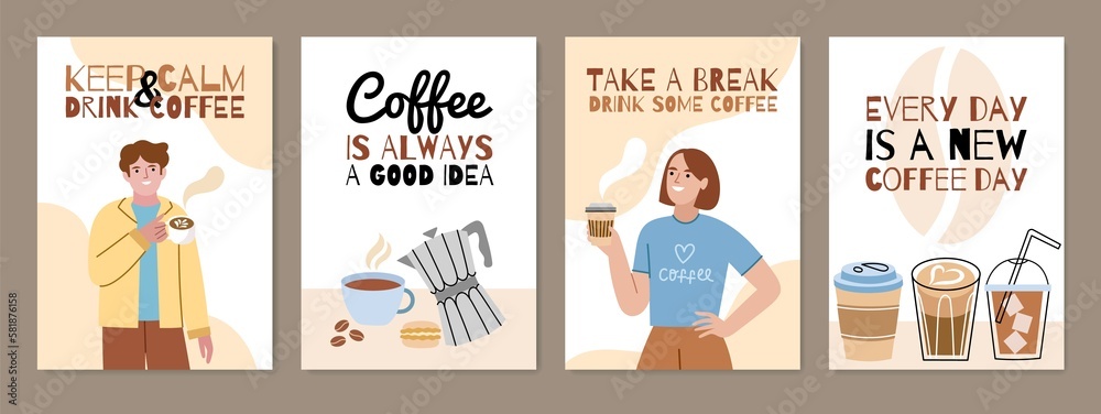 Cute cartoon coffee cards. Funny guy and girl baristas, charming coffee ...