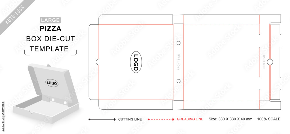 Pizza box die cut template large with 3D blank vector mockup for food ...