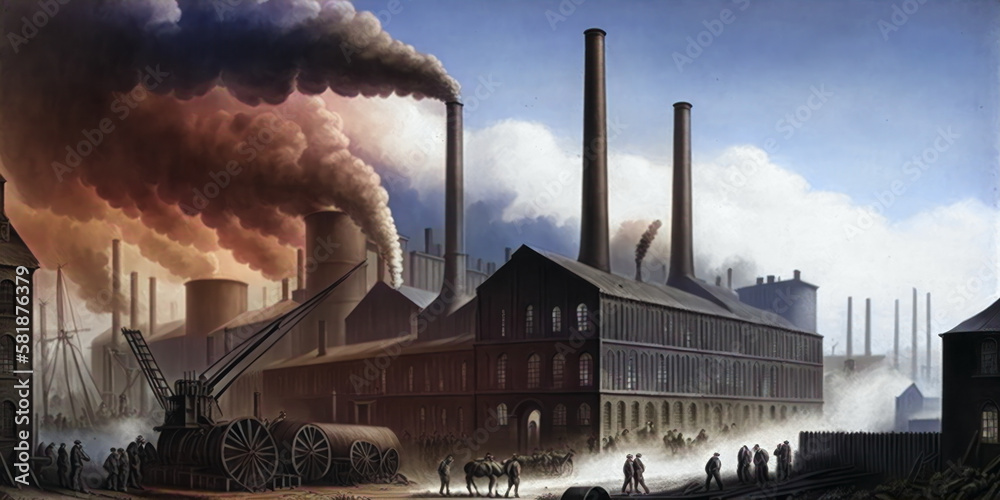 Exterior of a factory surrounded by smoke, with workers going to ...