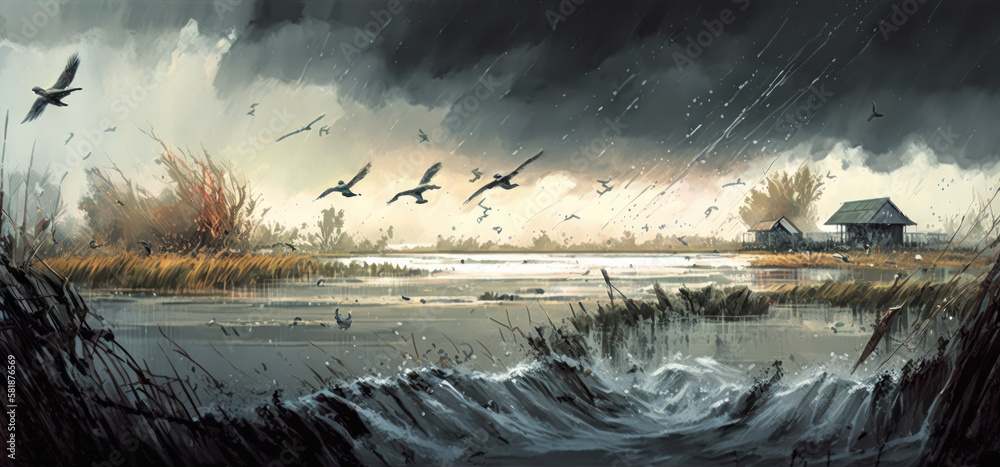 Illustrazione Stock Flooded fields with birds fleeing. Natural disaster ...