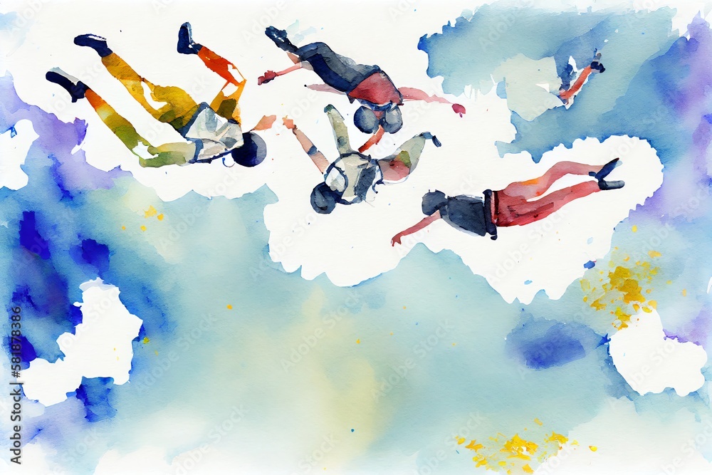 Watercolor Illustration of a Athletes Skydivers Jump From An Airplane ...