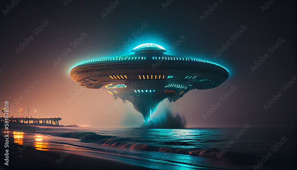 UFO, an alien plate hovering above water, hovering motionless in the ...