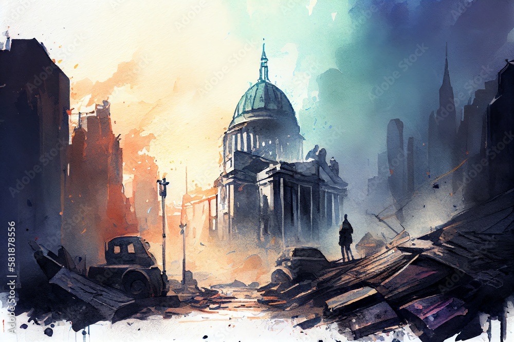 ภาพประกอบสต็อก Watercolor Illustration of a Apocalyptic View Of ...