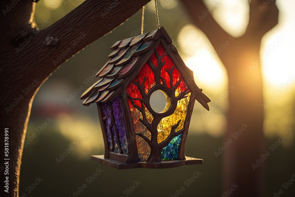 Stained glass birdhouse hanging from a tree with the sunlight filtering ...