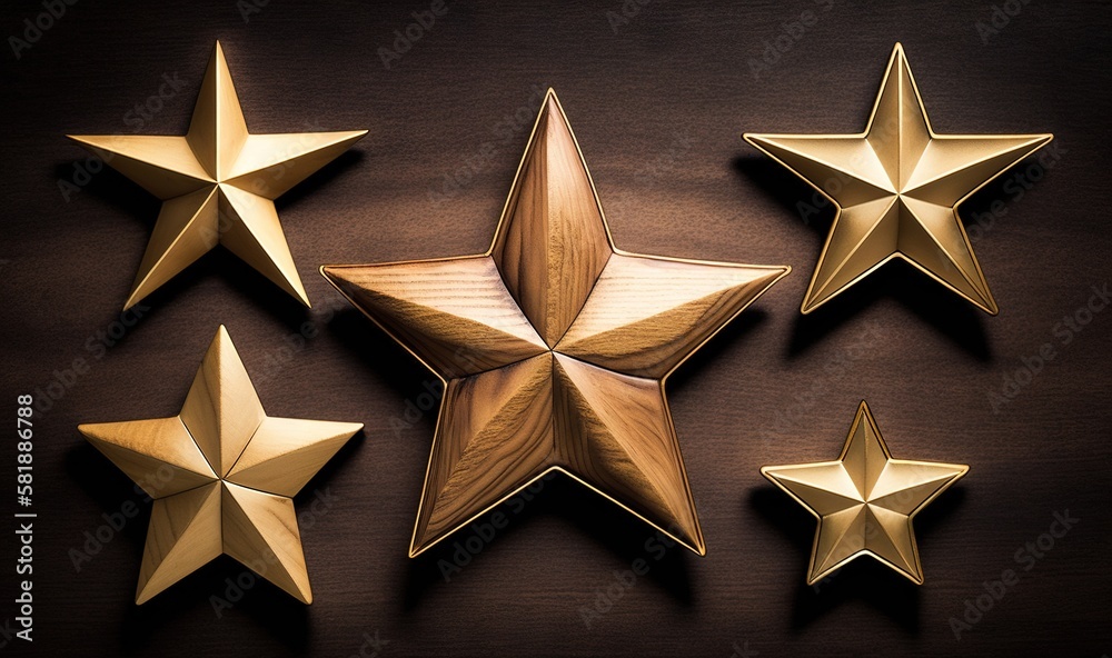 a group of five gold stars on a brown table with a black background and ...