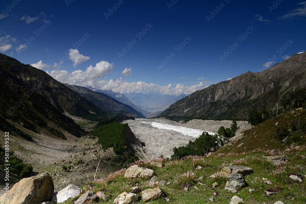Raikot Glacier is seen from Nanga Parbat Base Camp with a beautiful ...