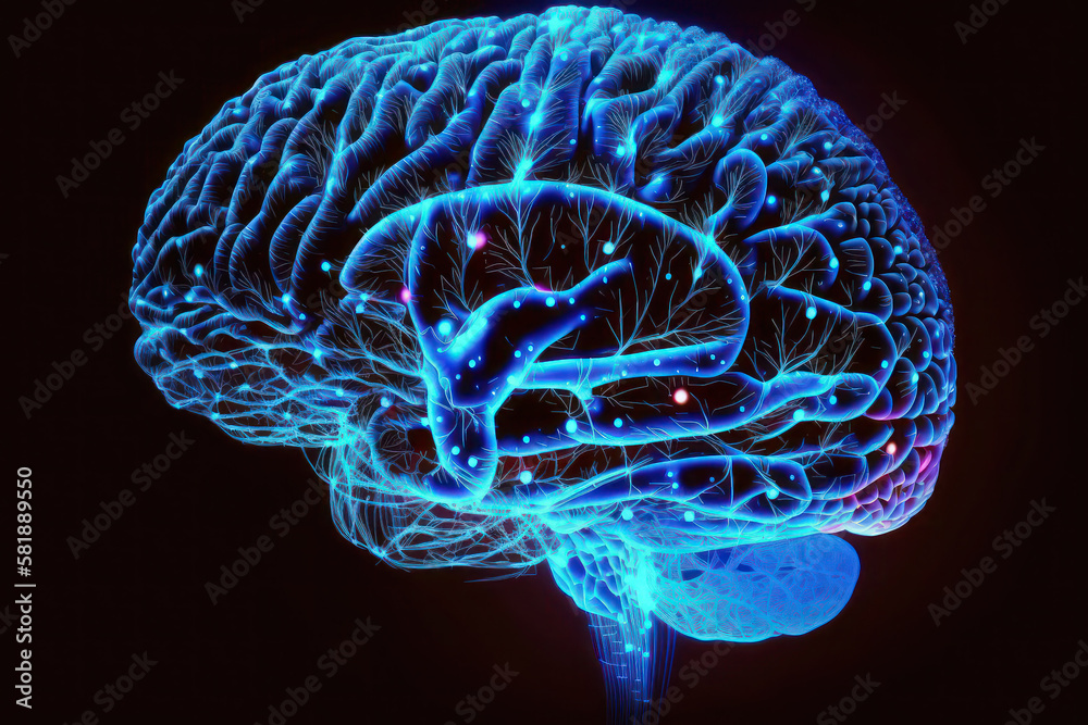 human brain. glowing blue lines. neural connections. artificial ...