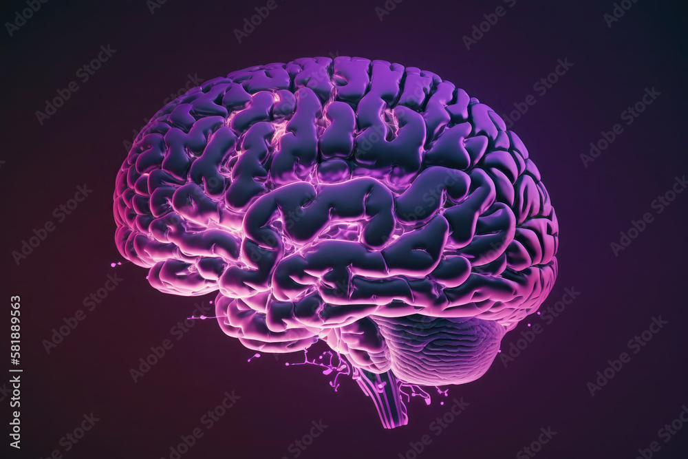 human brain. glowing purple lines. neural connections. artificial ...