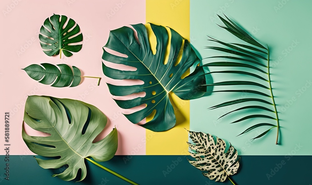 a group of tropical leaves on a multi - colored background with a pink ...