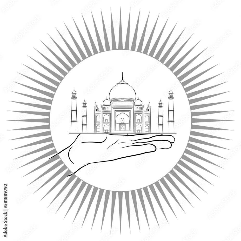 Human hand holding Taj Mahal on open palm in a shining halo. Indian ...