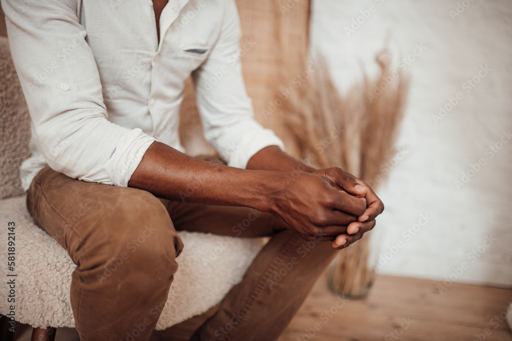 Candid authentic handsome body parts of dark skinned man posing at home ...