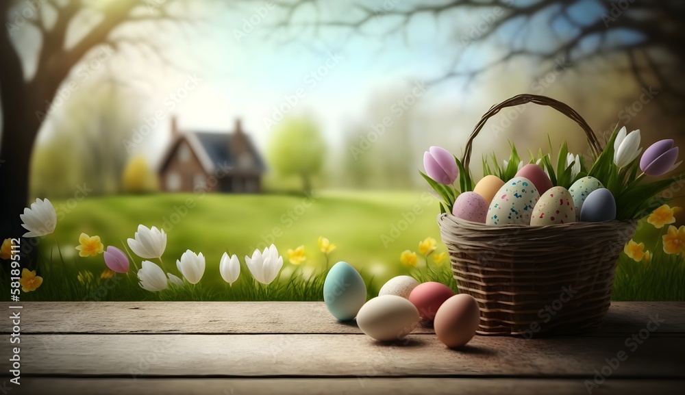 Wallpaper Illustration and background of easter eggs, in basket, in a ...