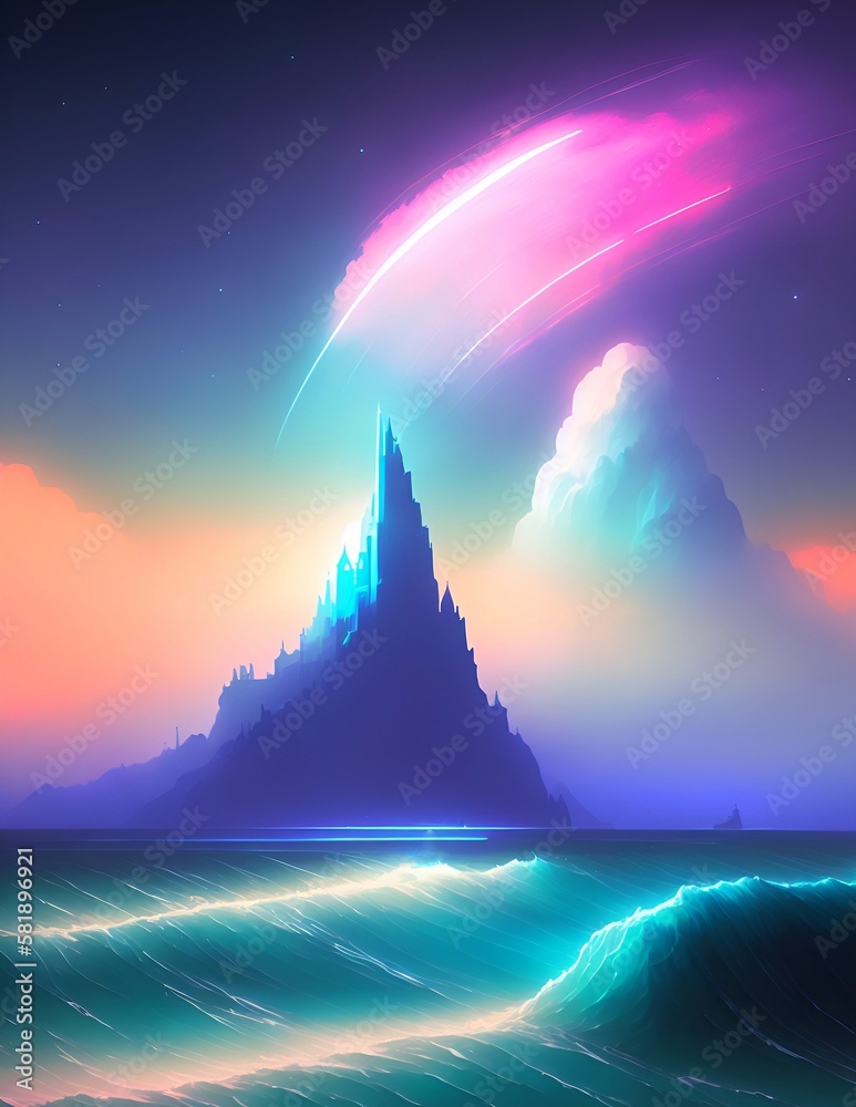 beautiful fantastic alien planet neon sky clouds seashore background ...