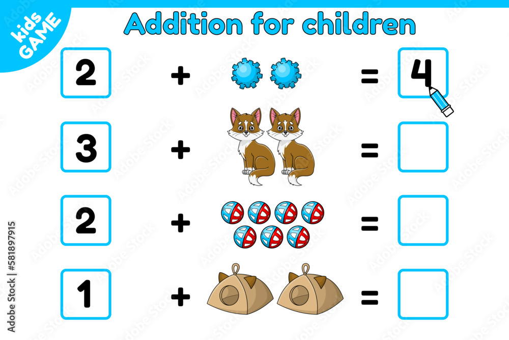 Math game for children. Addition. Count and write down the numbers ...