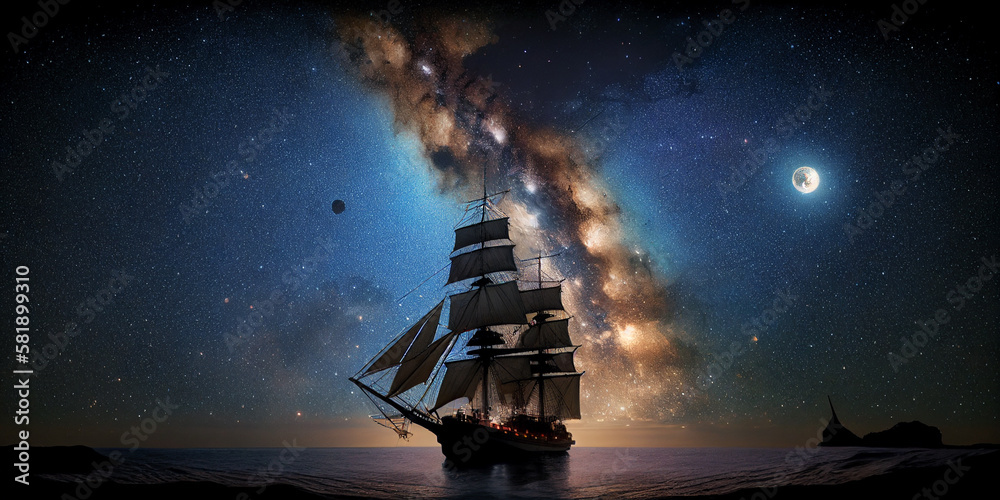 Pirate ship at night, astrophotography style. AI generated illustration ...
