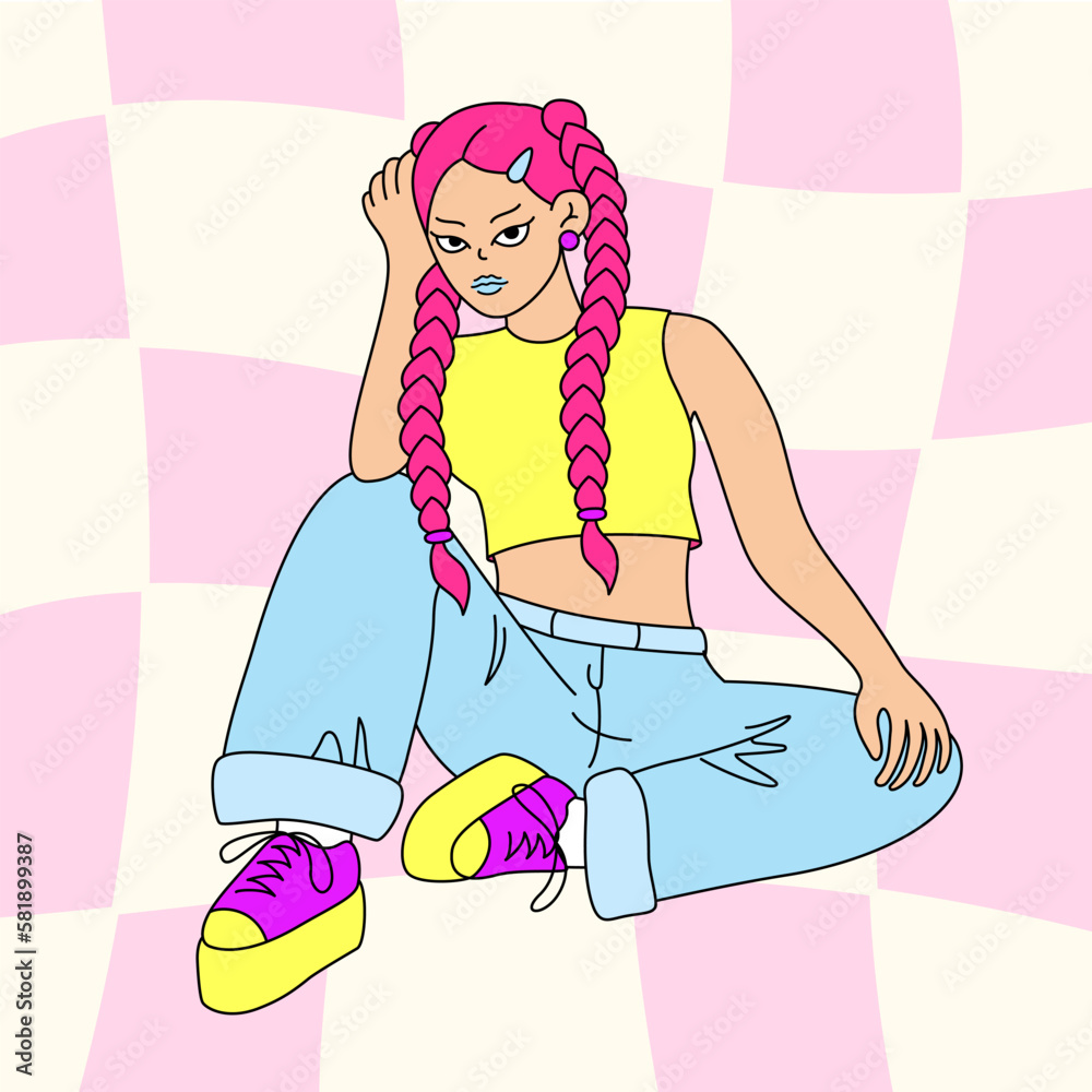 Stylish y2k cool girl. Template print for card, poster, banner, t-shirt ...