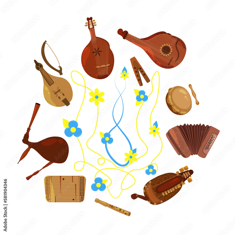 Set of hand drawn traditional Slavic, Ukrainian musical instruments ...