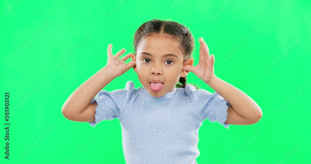 Green screen, face and child with tongue out, crazy and comic, silly or ...