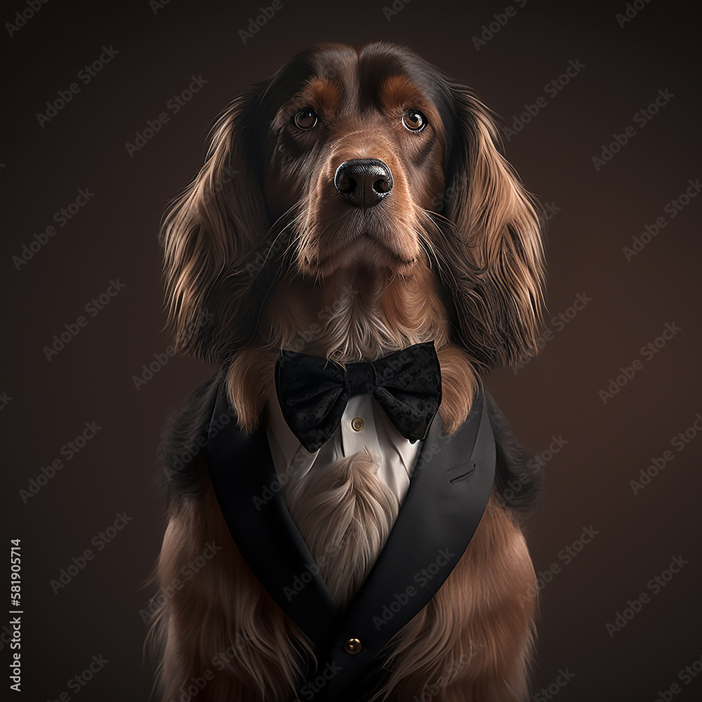 Realistic lifelike glam dog pup puppy doggy in black tie cocktail dress ...