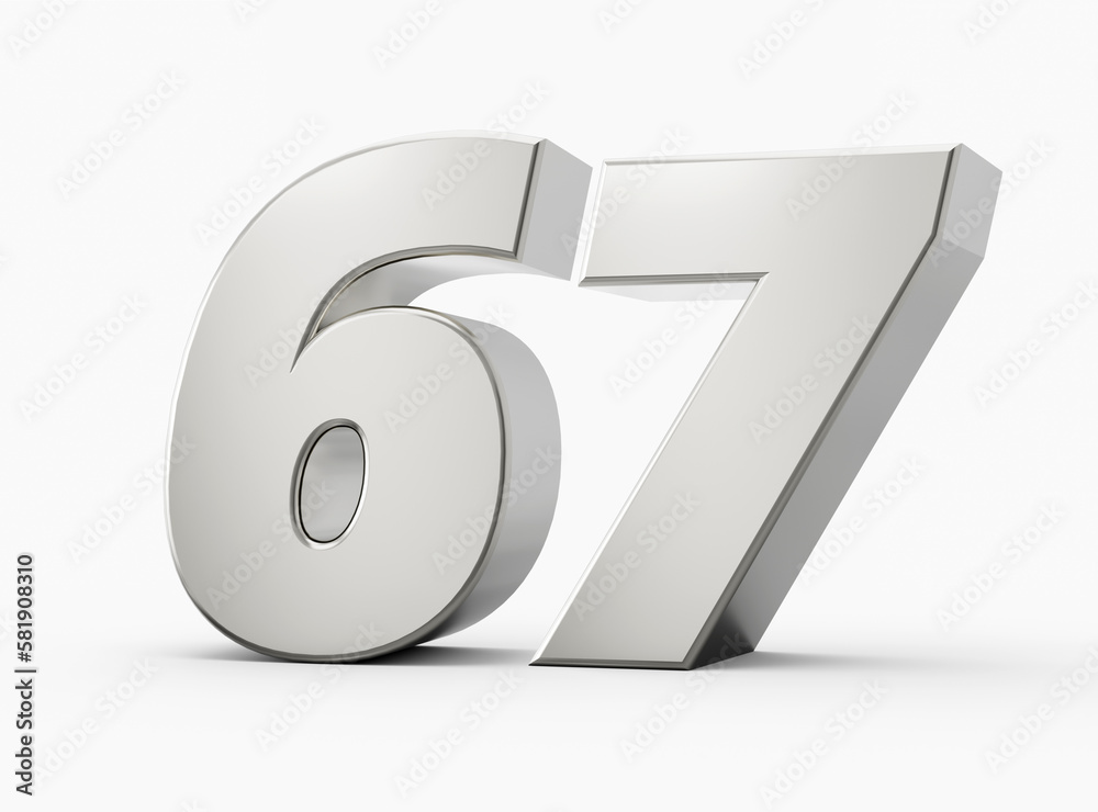 Silver 3d numbers 67 Sixty seven. Isolated white background 3d ...