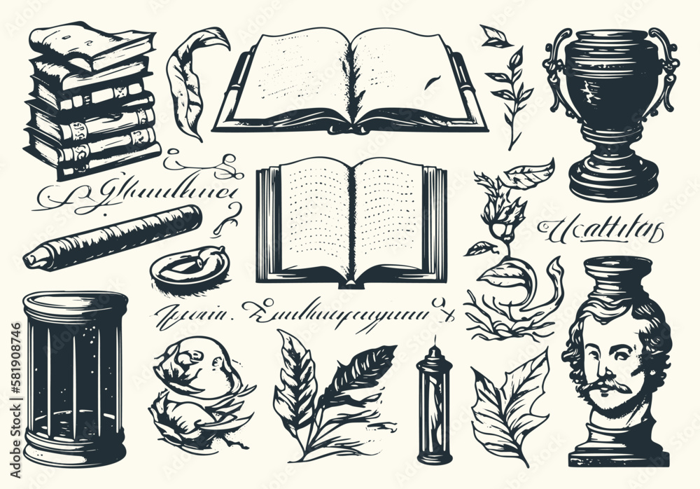 Hand-drawn vector set of literature elements in engraving style ...