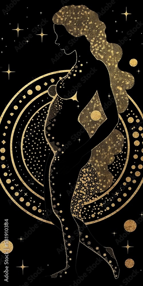 Dot matrix of fertility goddess silhouette surrounded by a moon and ...