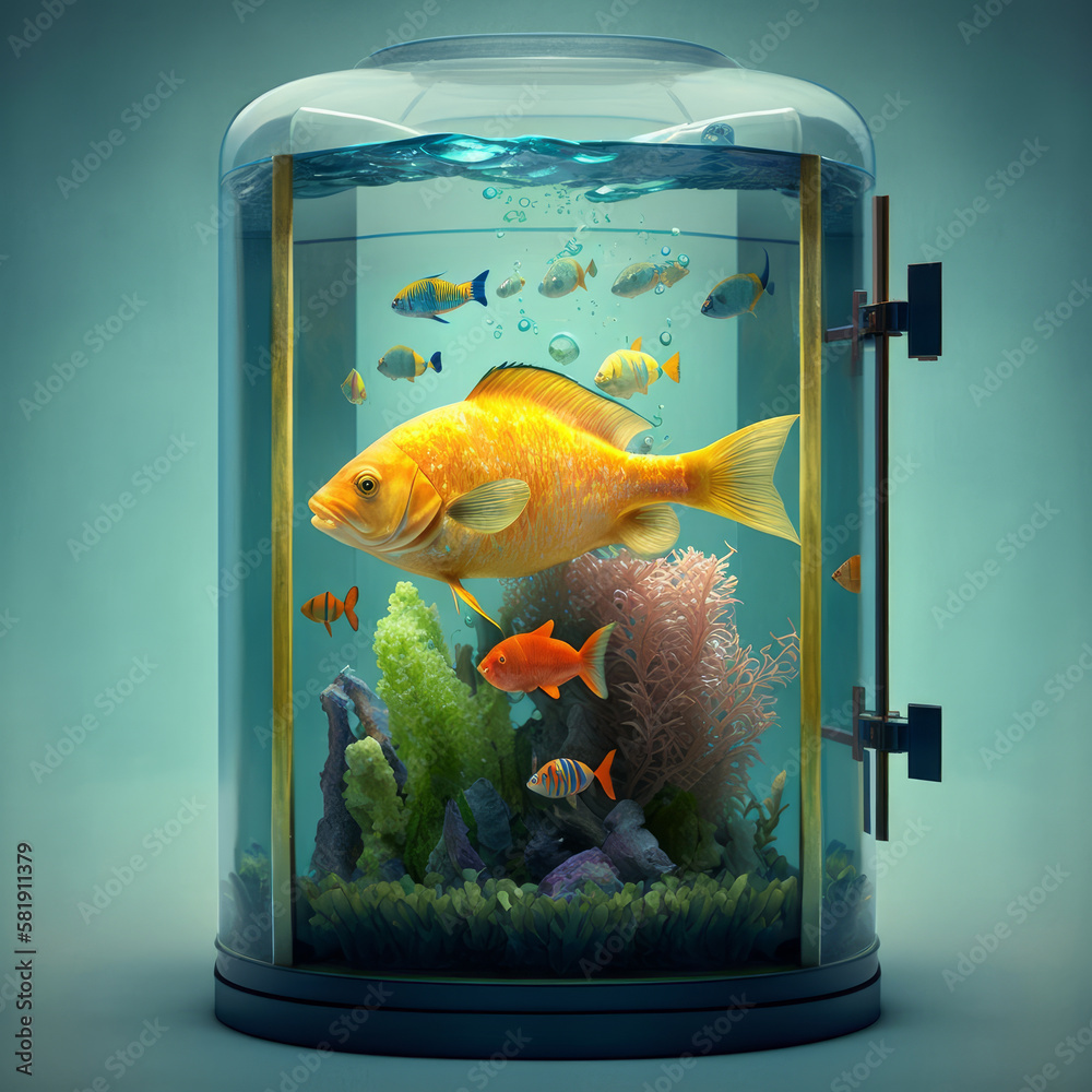 a big yellow marine fish in a rotund glass aquarium tank, surreal ...