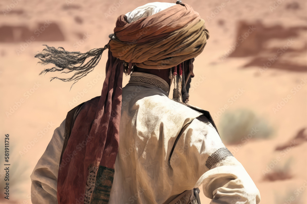 ottoman caliph wearing a turban and standing in an oasis in the desert ...