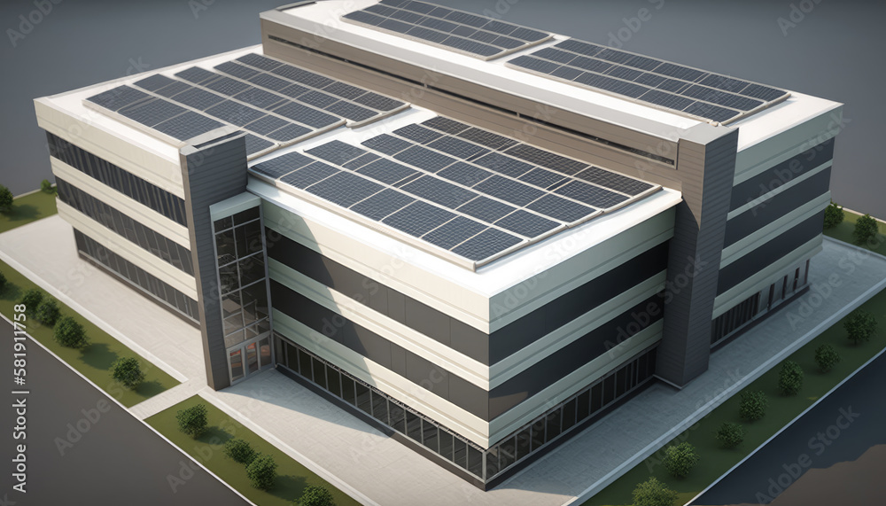 architects 3d render of a large commercial building with solar panels on the roof, high tech ...