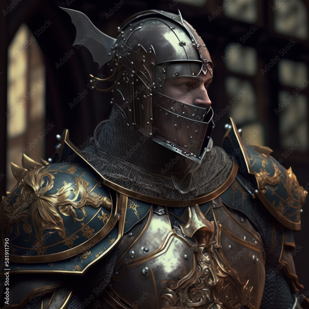 Medieval knight in full silver and gold armor, created with generative ...